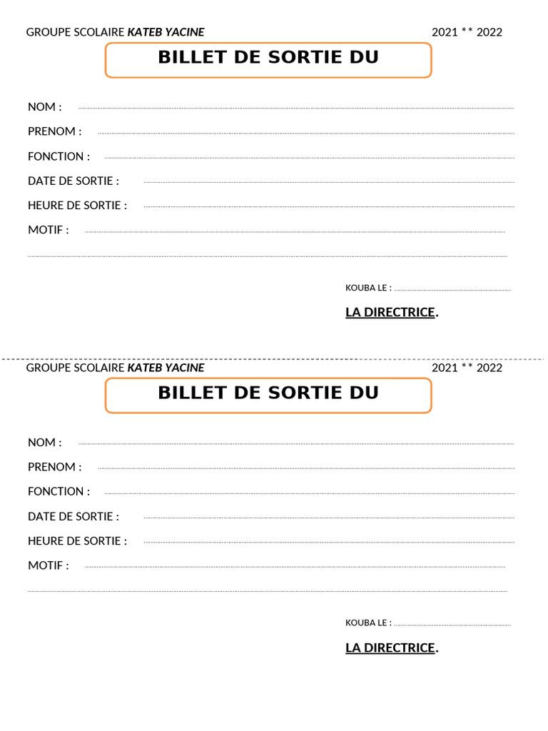 BILLET DE SORTIE DU PERSONNEL | PDF