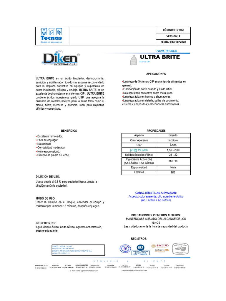 Ultra Brite Ficha Tecnica | PDF | Átomos | Sustancias químicas