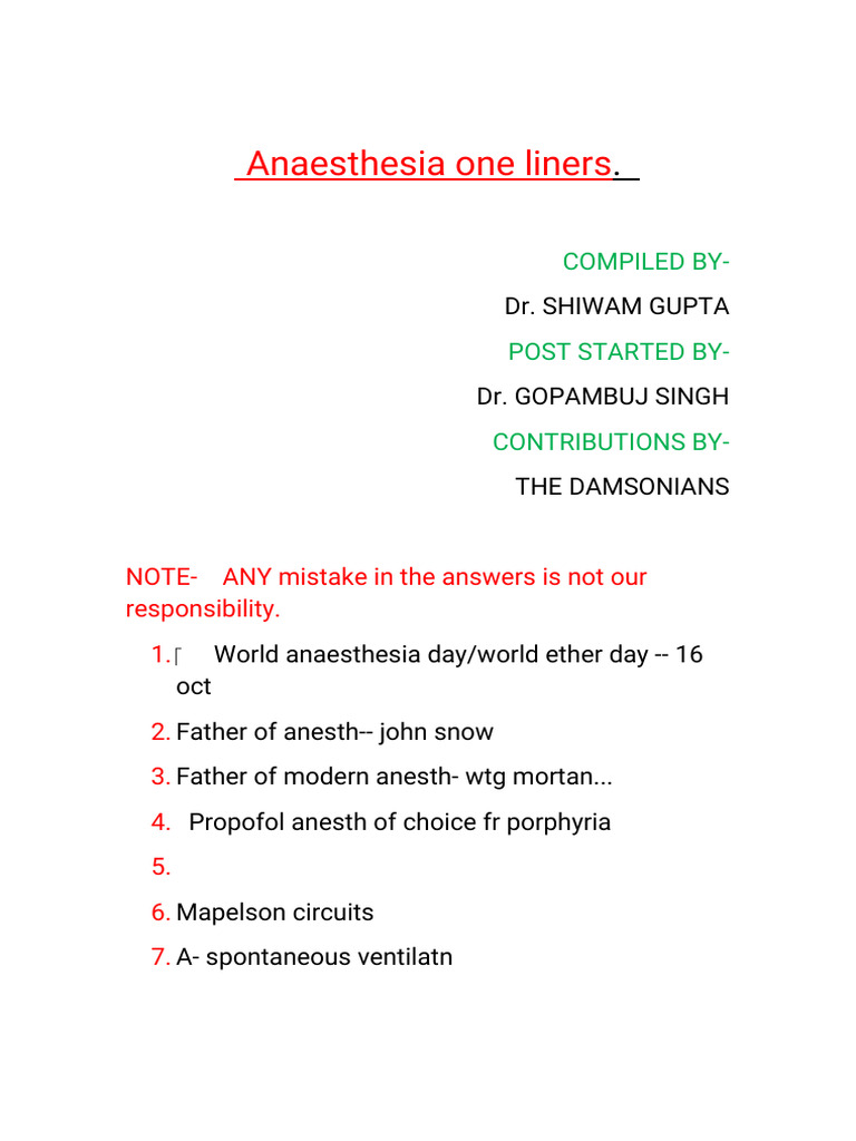 Anaesthesia One Liners | PDF