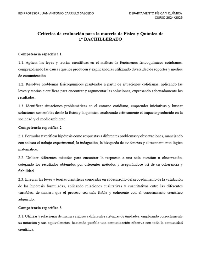 Criterios de Evaluación FyQ 1º Bachillerato | PDF | Evaluación | Teoría
