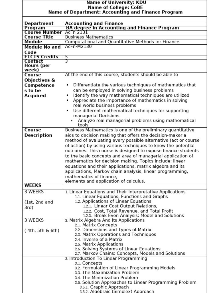 Business Mathematics Course Outline | PDF | Mathematics | Matrix ...