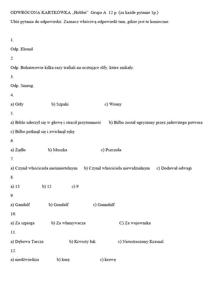 Hobbit Odwrócona Kartkówka | PDF