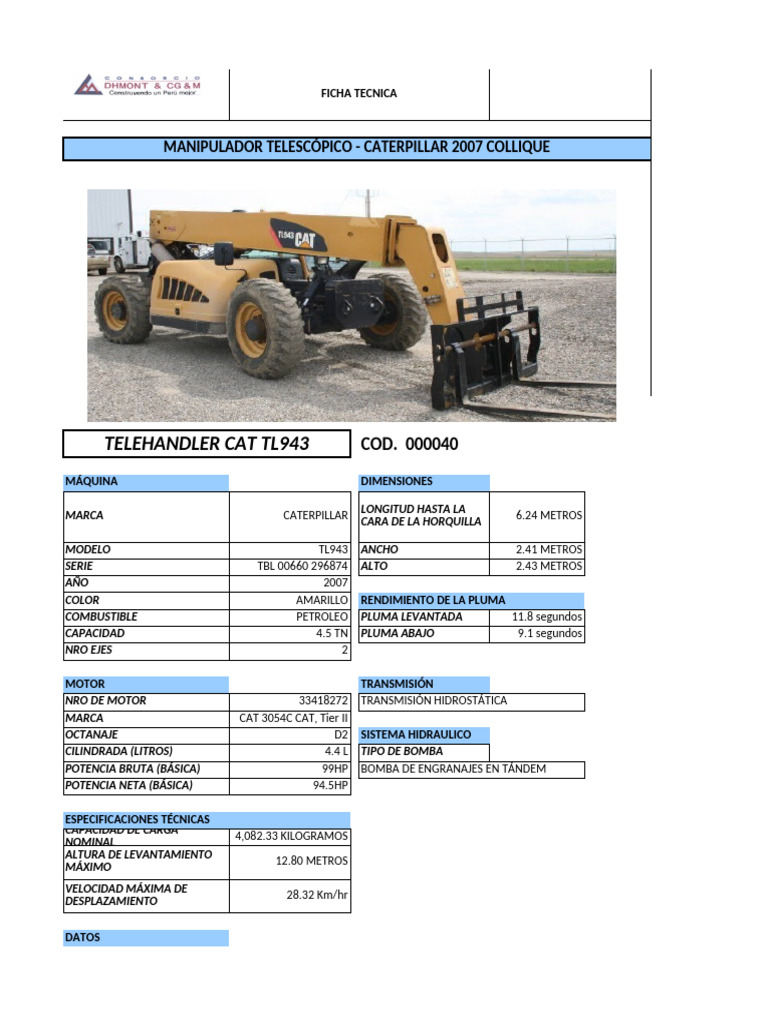 Ficha Técnica Telehandler Cat TL943 | PDF | Ingeniería mecánica | Vehículos