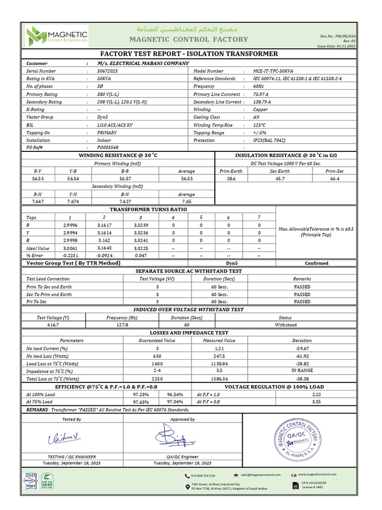 50kva Iso - XMFR Dy 3067 | PDF | Transformer | Power Engineering