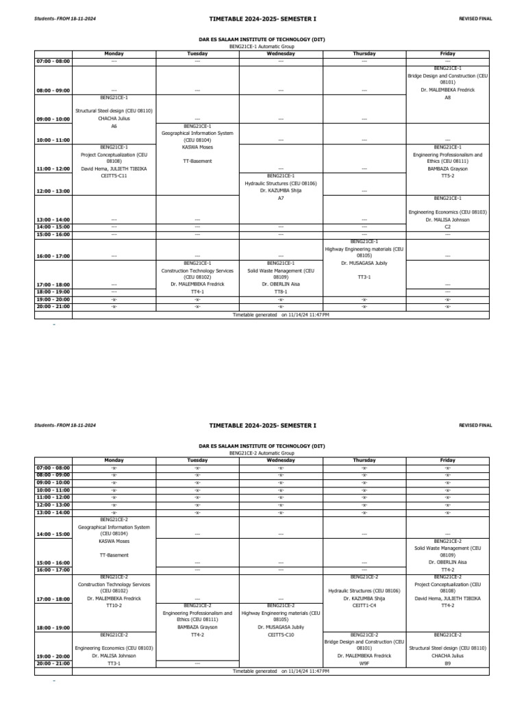 DIT 2024-2025 Semester I Timetable | PDF | Engineering | Computing