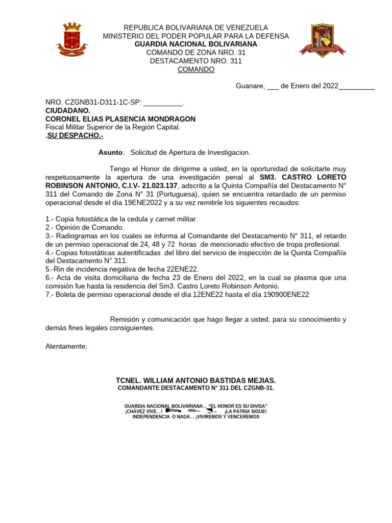 Oficio Remision Carpeta A Fiscal Militar | PDF