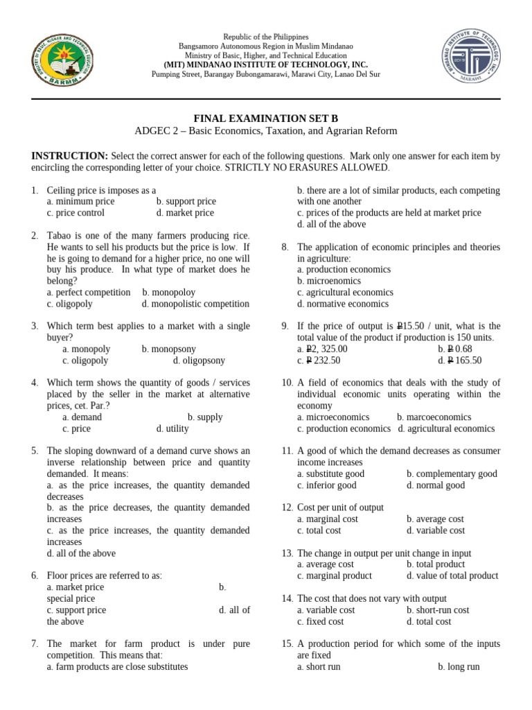 Principles of Economics Final Examination Set B | PDF | Demand ...