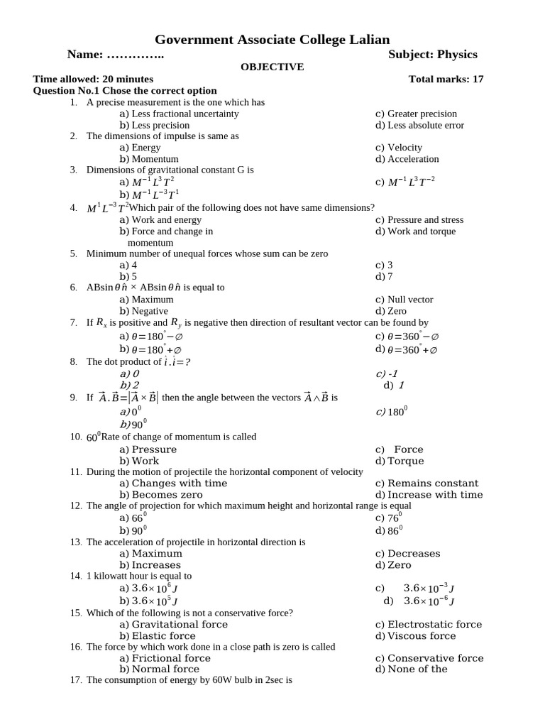 December Test 1st Year | PDF | Force | Velocity