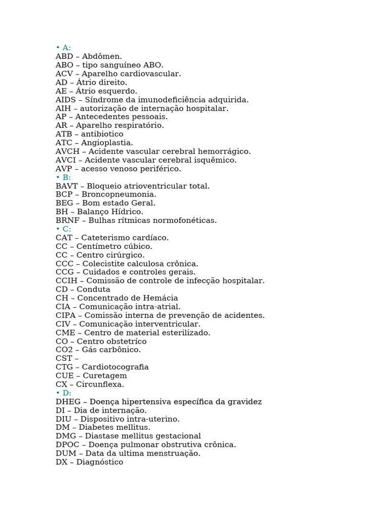 Siglas Importantes em Enfermagem | PDF | Veia | Coração