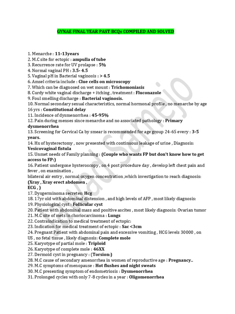 GYNAE FINAL YEAR PAST BCQs COMPILED AND SOLVED | PDF | Childbirth | Uterus
