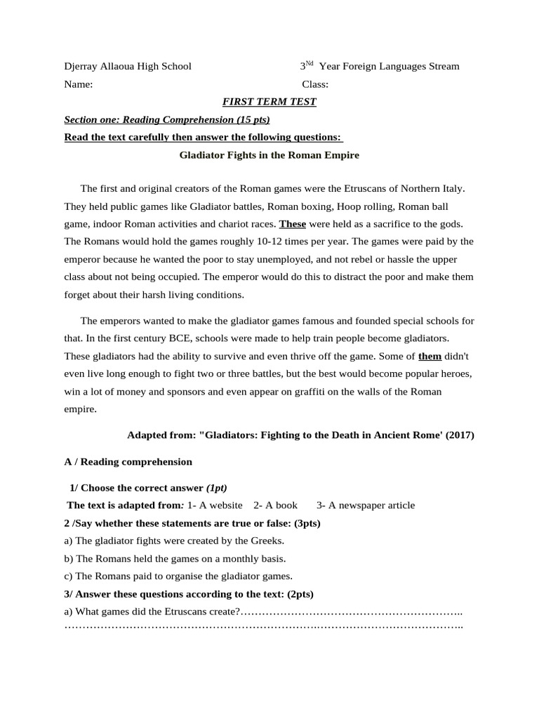 3Nd Year Foreign Languages 1 Test | PDF | Ancient Rome | Roman Empire
