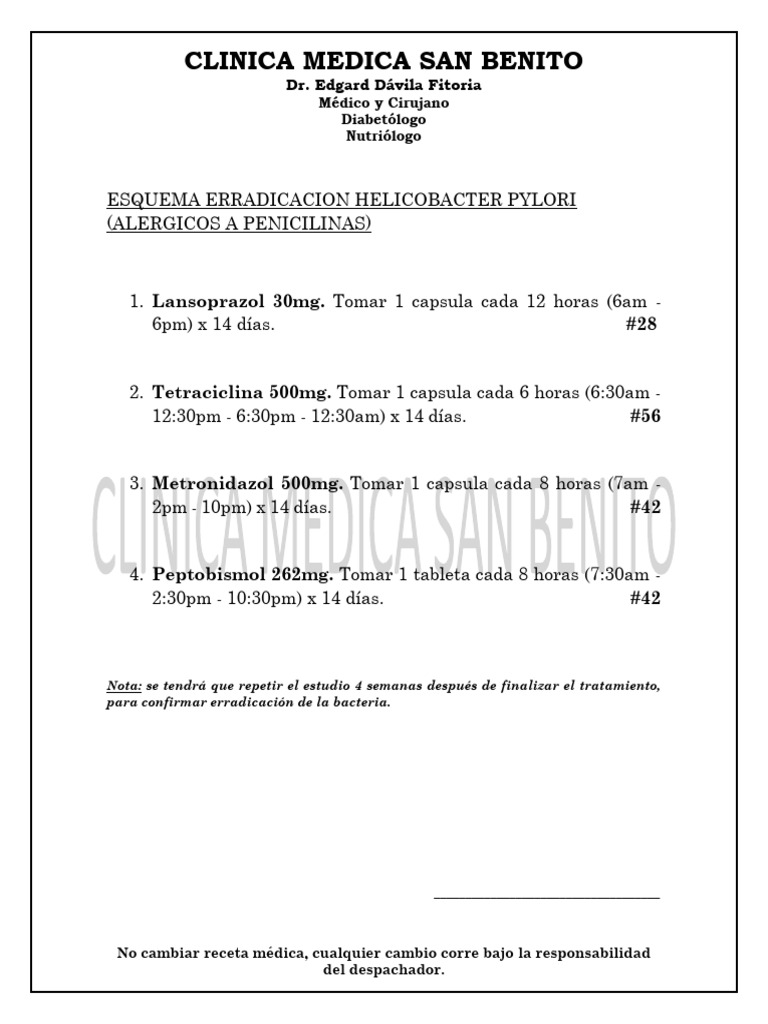 Esquema Erradicacion Helicobacter Pylori Alergias A Penicilinas | PDF