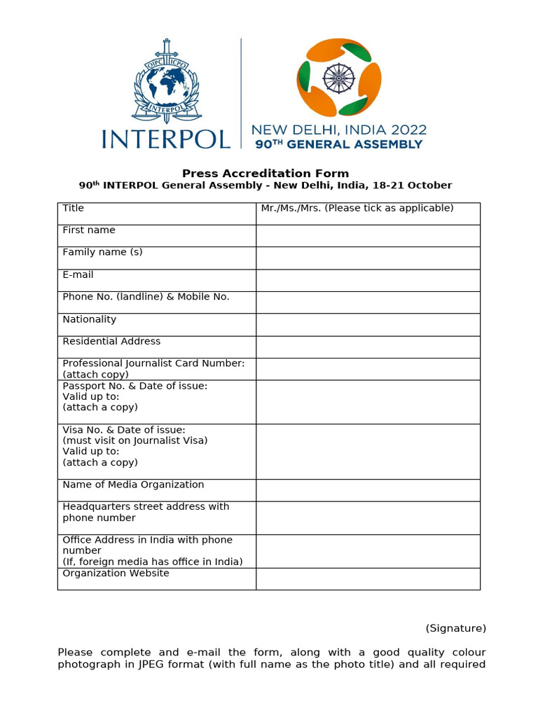 Press Accreditation Form - 90th INTERPOL General Assembly - India ...