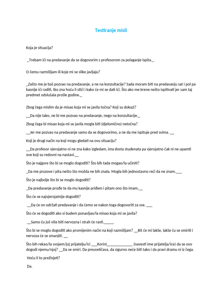 Testiranje negativnih automatskih misli - PITANJA (1) | PDF