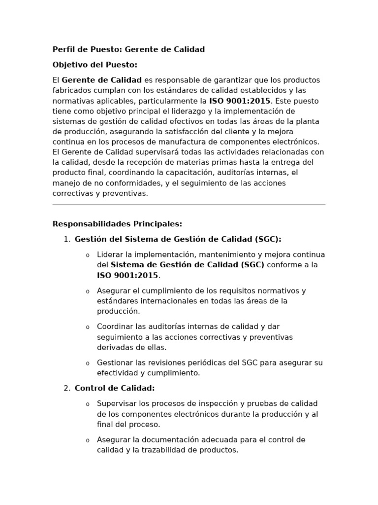 Perfil de Puesto Gerente de Calidad desde chat gpt | PDF | Calidad (comercial) | Sistema de ...