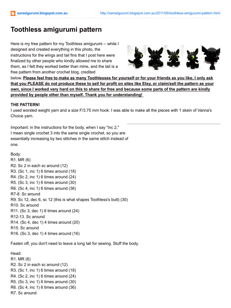 Free Toothless Amigurumi Pattern PDF | PDF | Crochet | Needlework