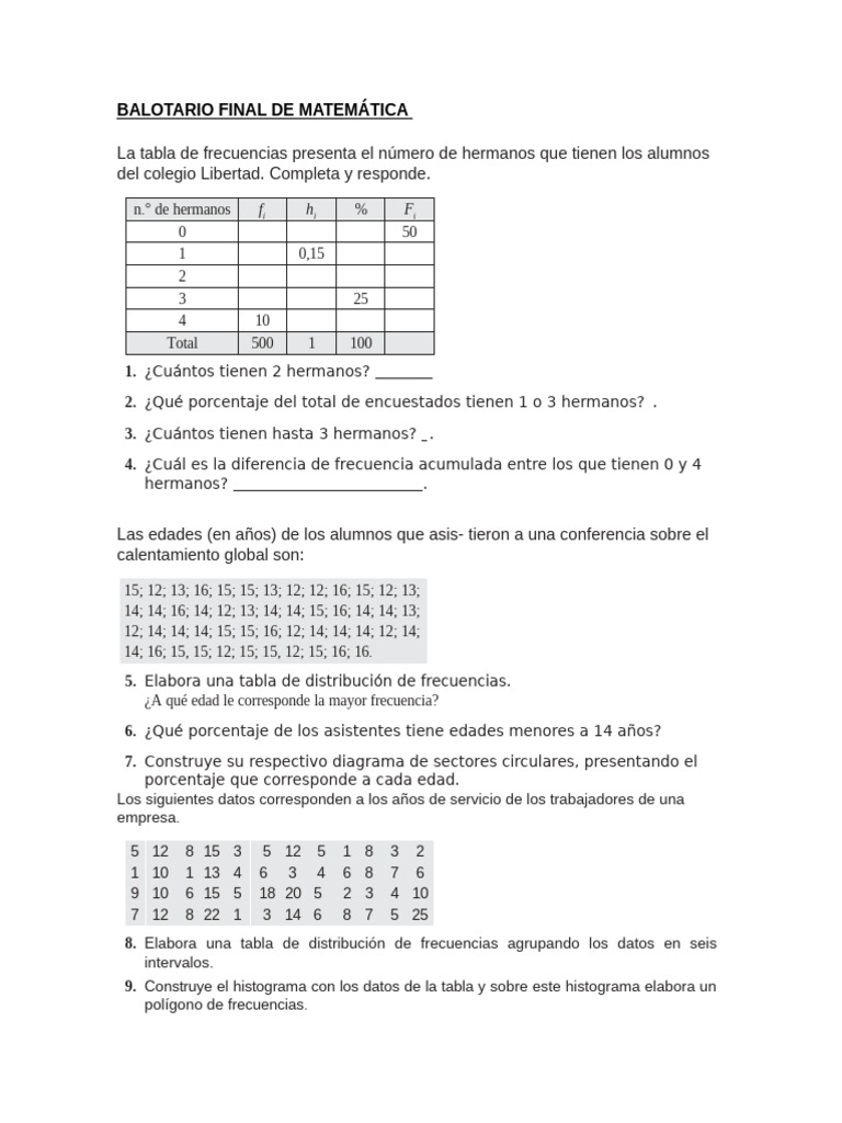 BALOTARIO FINAL DE MATEMÁTICA 1ro Sec | PDF | Modo (Estadísticas)