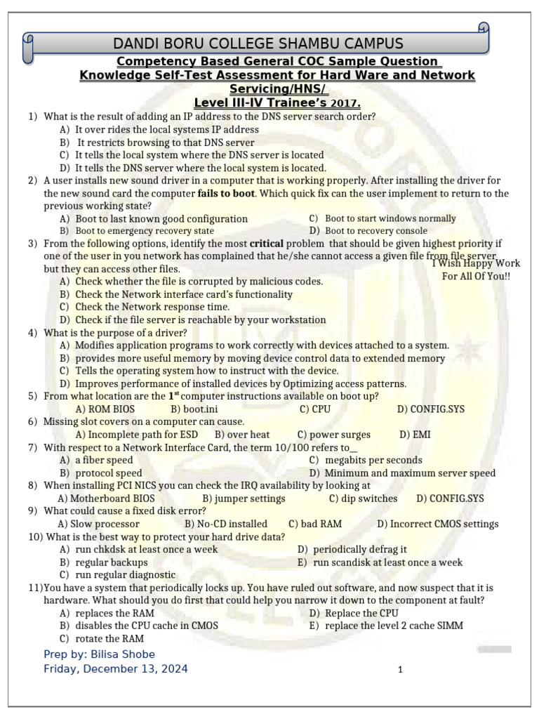 Competency Based General COC Sample Question | PDF | Computer Network ...