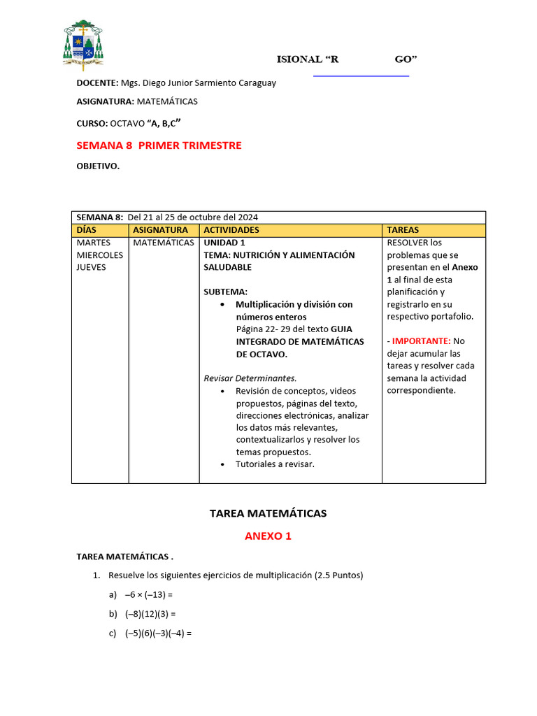 Semana 8 Matematicas 8a,8b,8c | PDF | Matemáticas