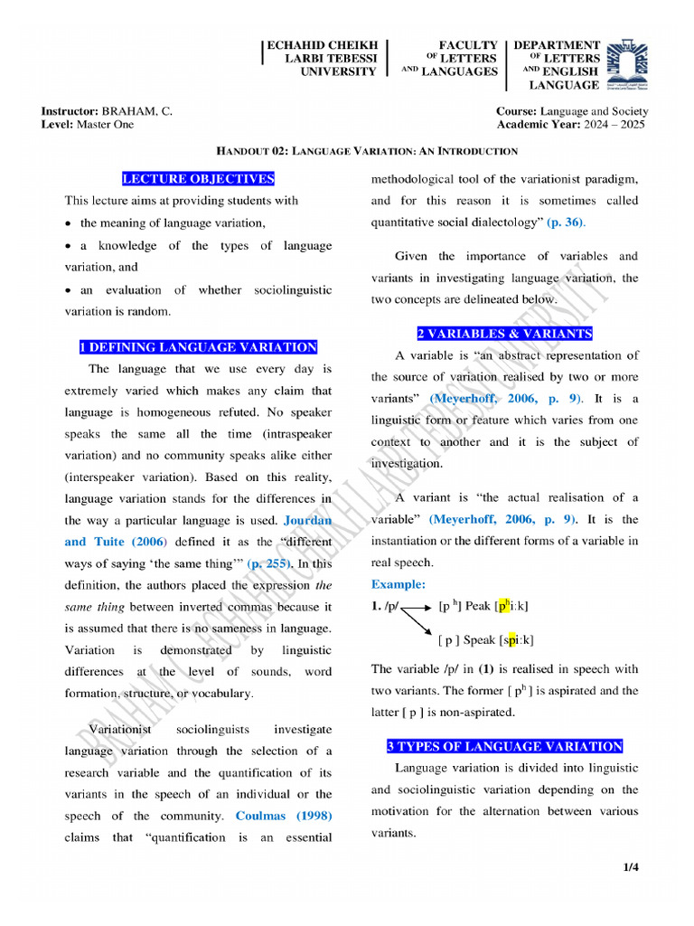 Handout 02 Language Variation. An Introduction | PDF