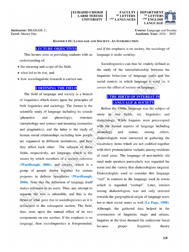 Handout 01 Language And Society An Introduction Pdf