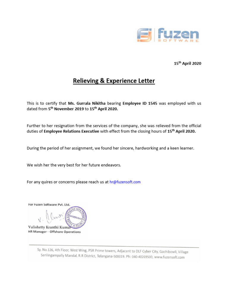Relieving _ Exp Letter - Gurrala Nikitha (1) | PDF