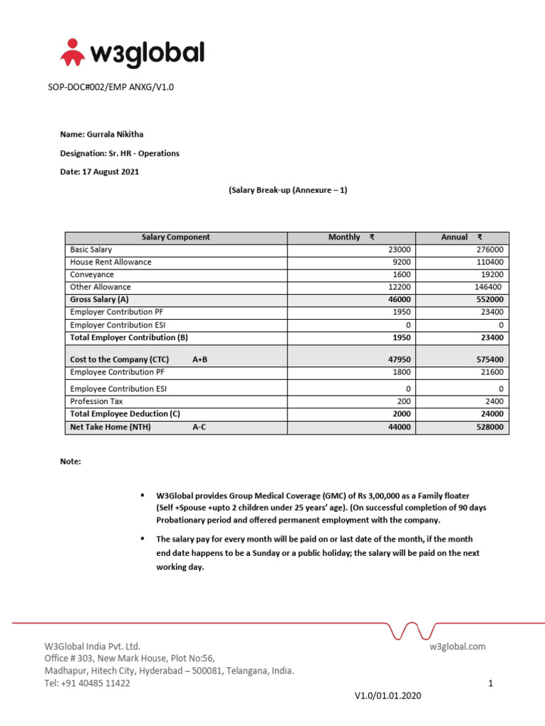 Salary Breakup Annexure - Gurrala Nikitha - W3G | PDF | Salary | Labor