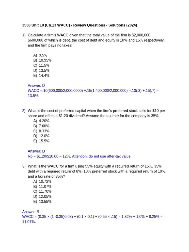 Unit 10 - Review Questions - Solutions (2024) | PDF | Cost Of Capital | Stocks