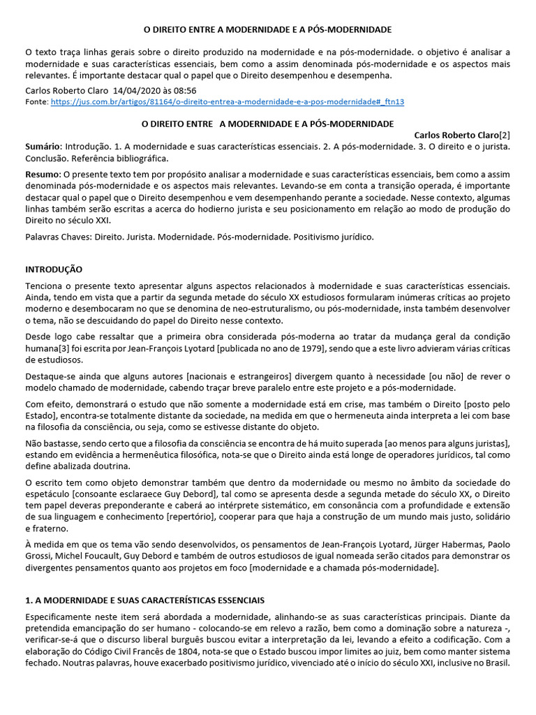 1 - O DIREITO entre a MODERNIDADE e a PÓS-MODERNIDADE - JUS 2020 | PDF | Science | Modernidade