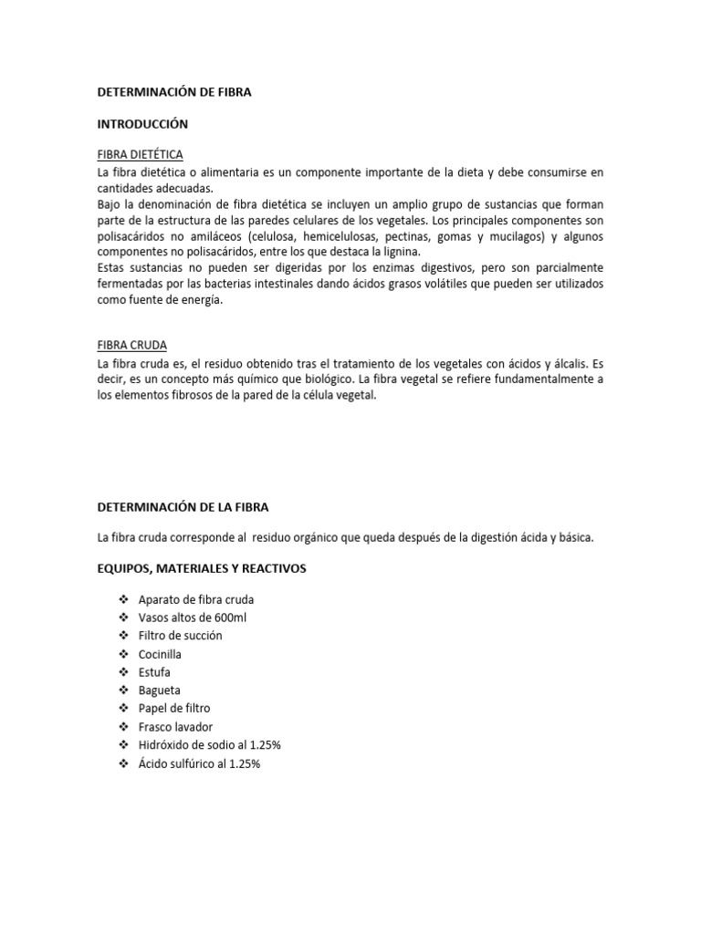 Determinación de Fibra Dietética Cruda | PDF | Fibra dietética | Dieta ...