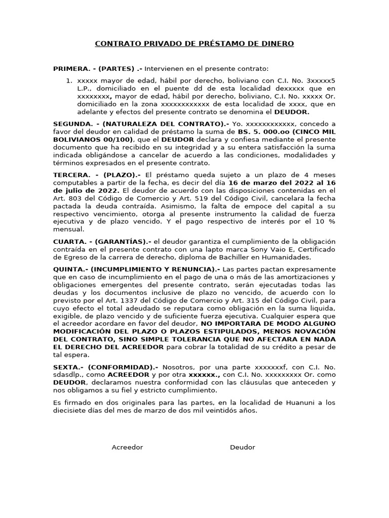 Contrato Privado de Préstamo de Dinero | PDF | Pagos