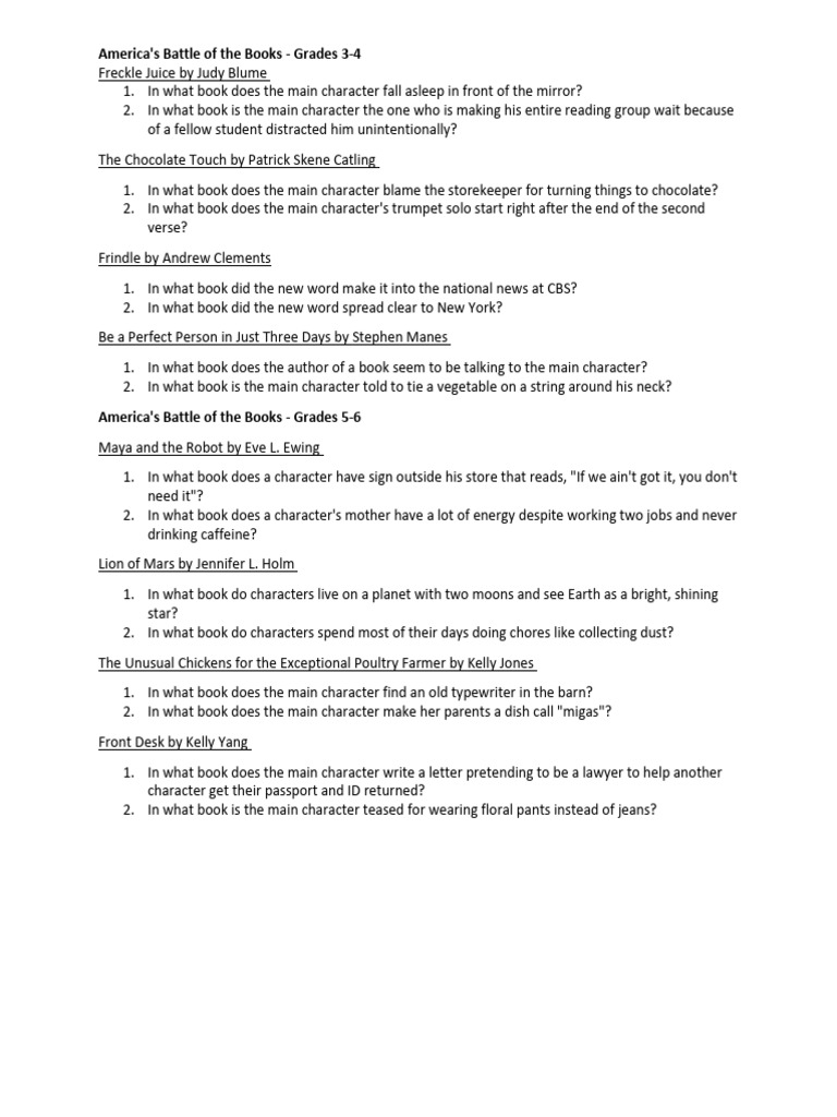 2024 Battle of the Books Practice Questions | PDF