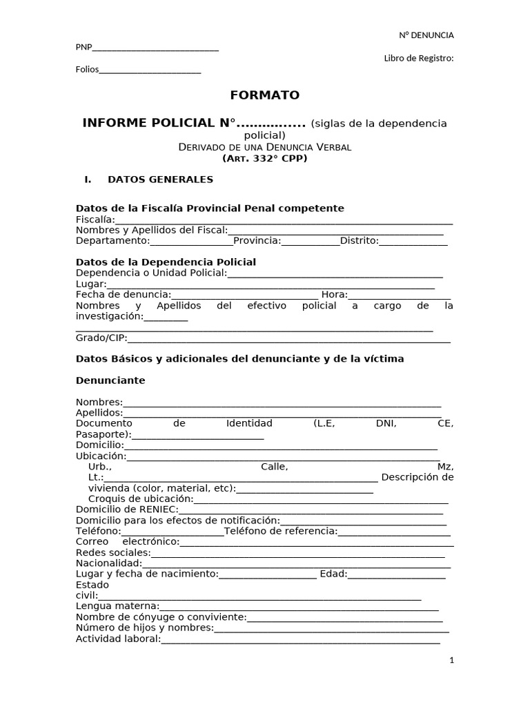 Formato de Informe Policial de Denuncia Verbal | PDF | Documento de ...