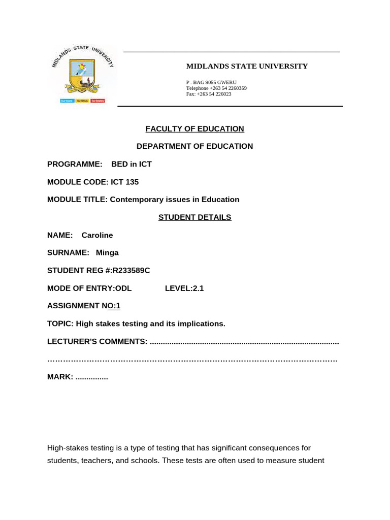 High Stakes Testing Assignment | PDF | Teachers | Standardized Tests