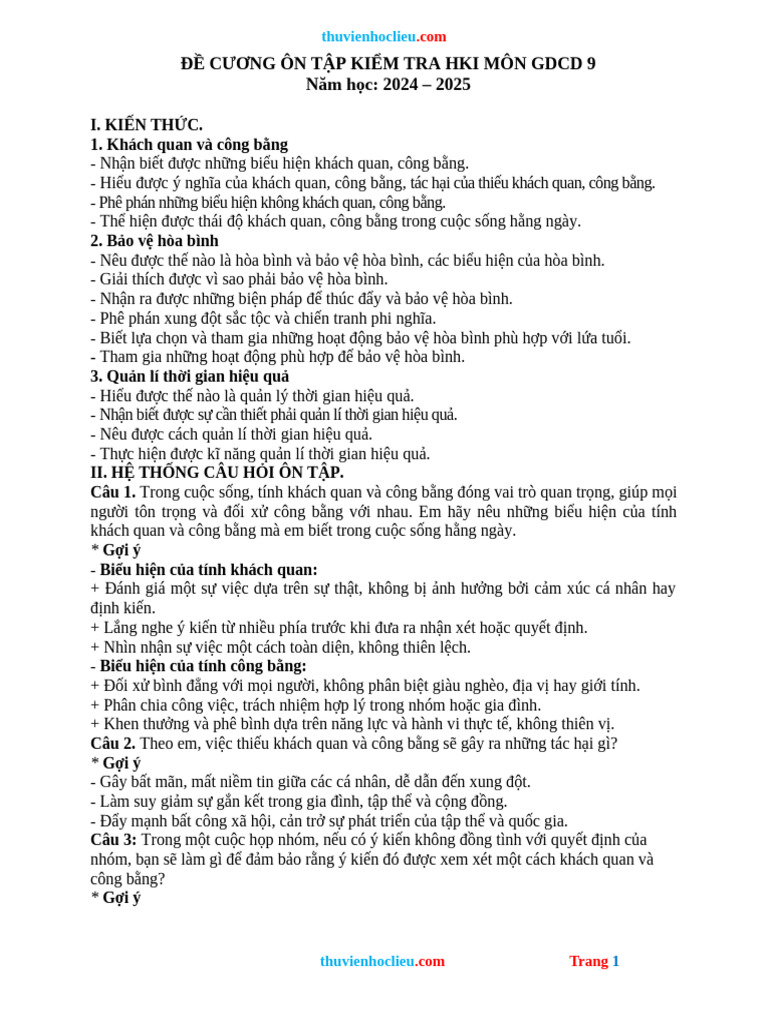 De Cuong On Tap HK1 GDCD 9 Canh Dieu Nam 24 25 | PDF