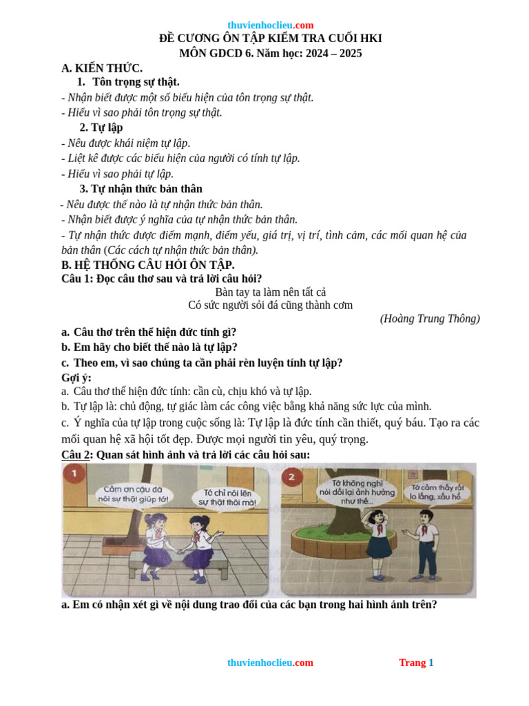De Cuong On Tap HK1 GDCD 6 Canh Dieu Nam 24 25 | PDF
