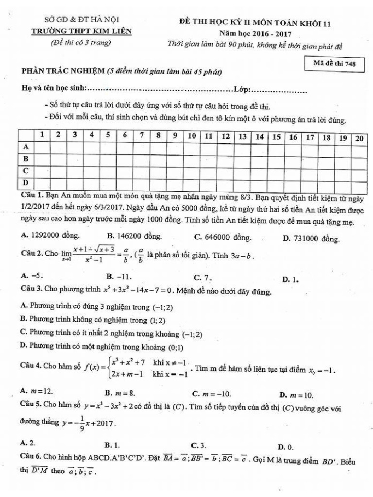 De Thi hk2 Toan 11 Nam Hoc 2016 2017 Truong THPT Kim Lien Ha Noi | PDF