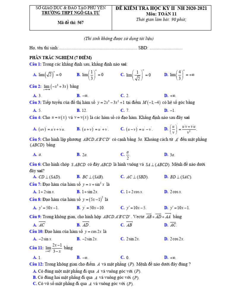De Thi Hoc Ky 2 Toan 11 Nam 2020 2021 Truong THPT Ngo Gia Tu Phu Yen | PDF