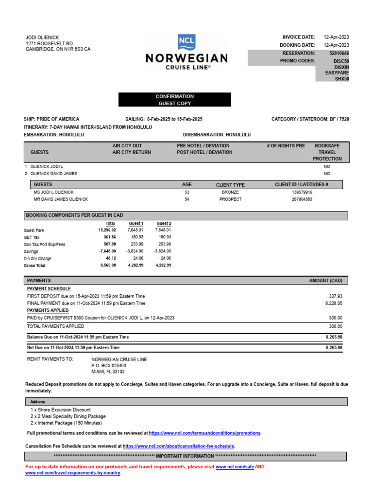 Cruise Confirmation For Reservation # 52810646, Guest Name JODI ...