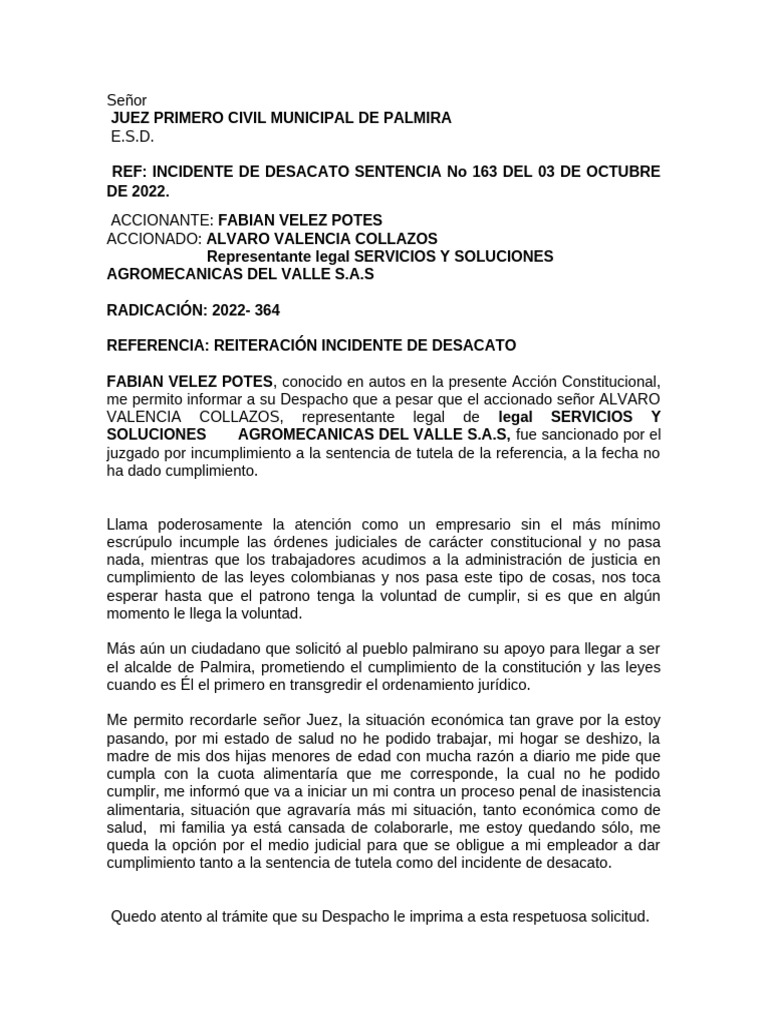 Incidente de Desacato en Palmira 2022 | PDF | Sentencia (ley) | Gobierno