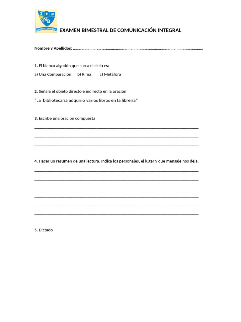 Examen Bimestral de Comunicacion Integral | PDF