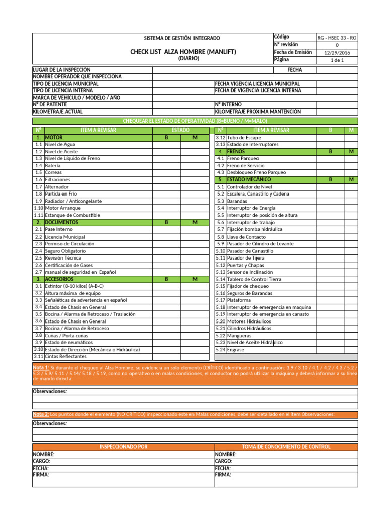 Checklist de Inspección Manlift | PDF | Bienes manufacturados ...