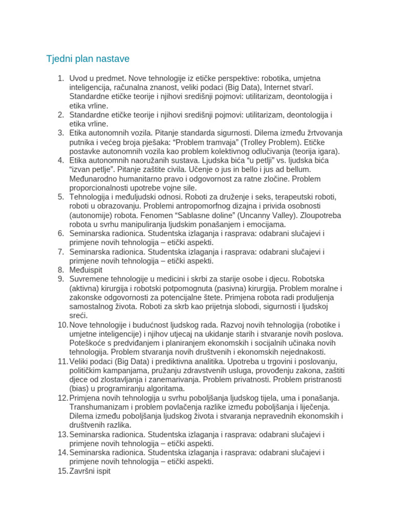 Tjedni Plan Nastave | PDF