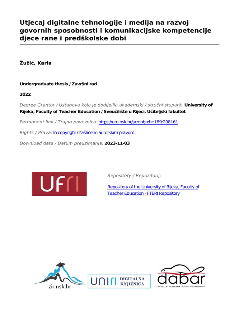Utjecaj Digitalne Tehnologije I Medija Na Razvoj Govornih Sposobnosti I Komunikacijske ...