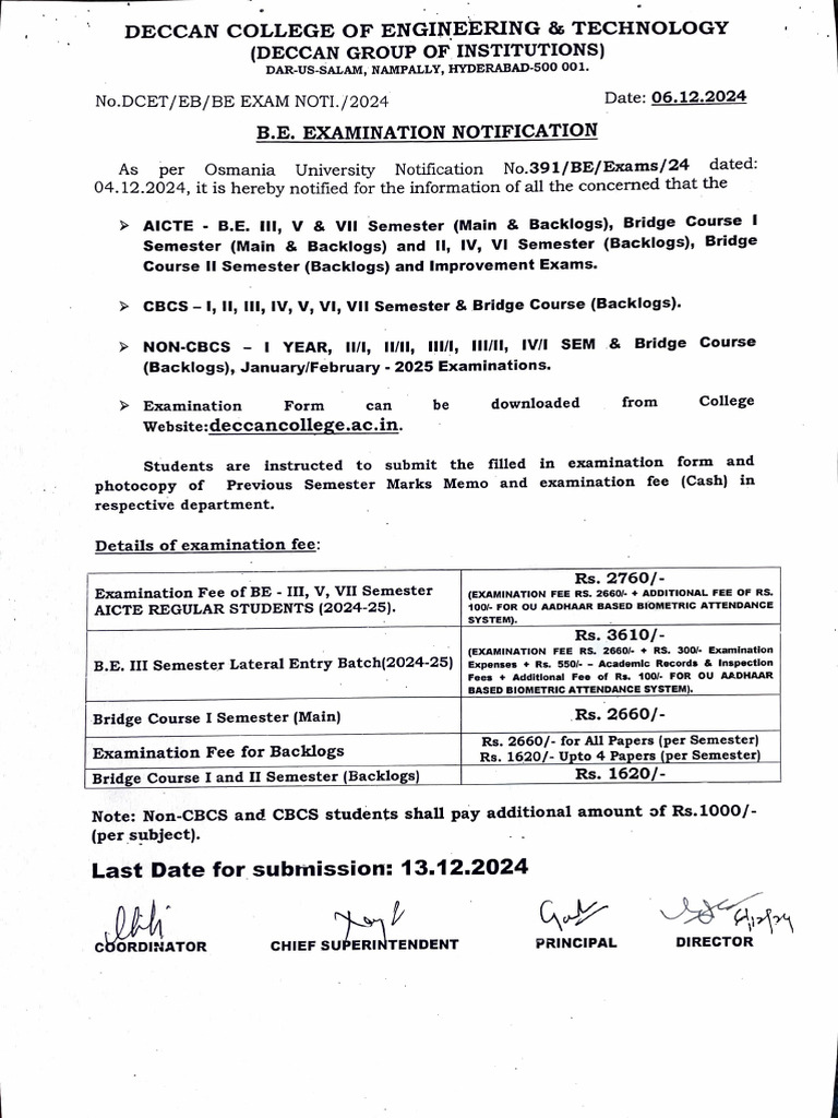 B.E. Exam Notification 2024 | PDF