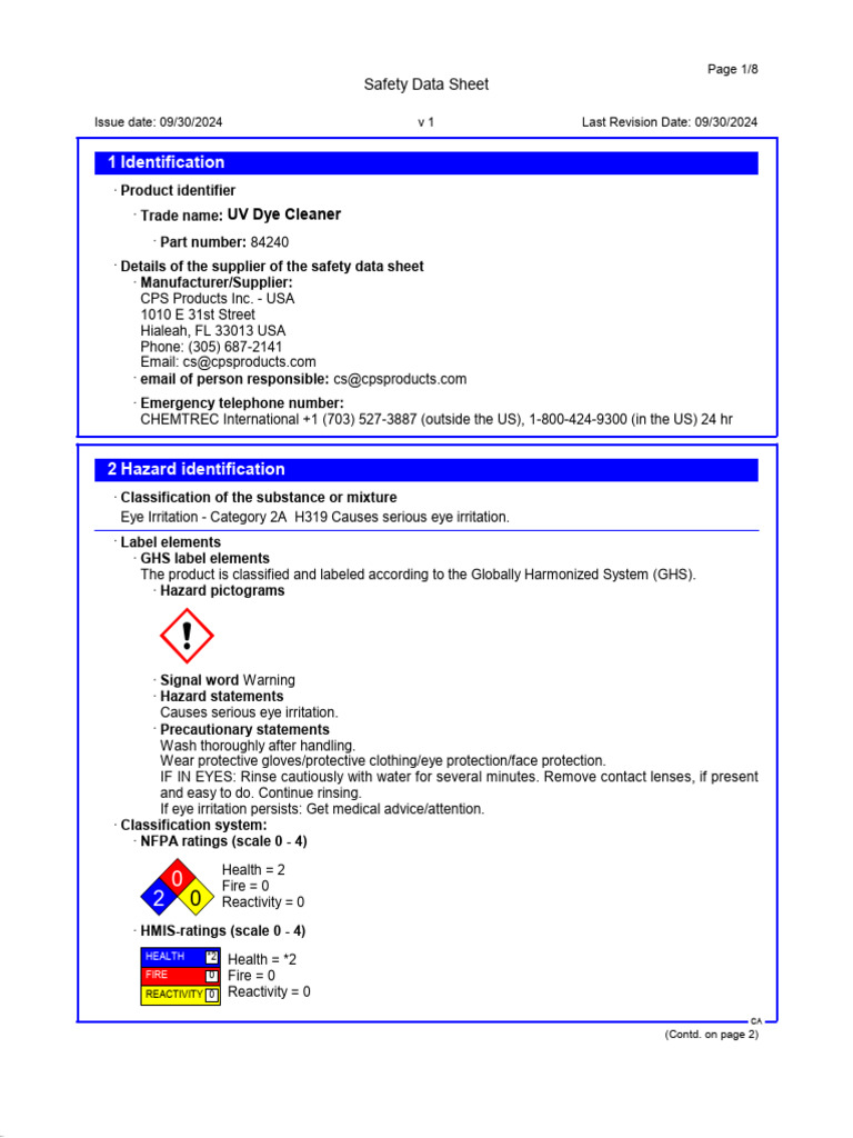 UV Dye Cleaner SDS CAN ENG | PDF | Occupational Safety And Health | Safety