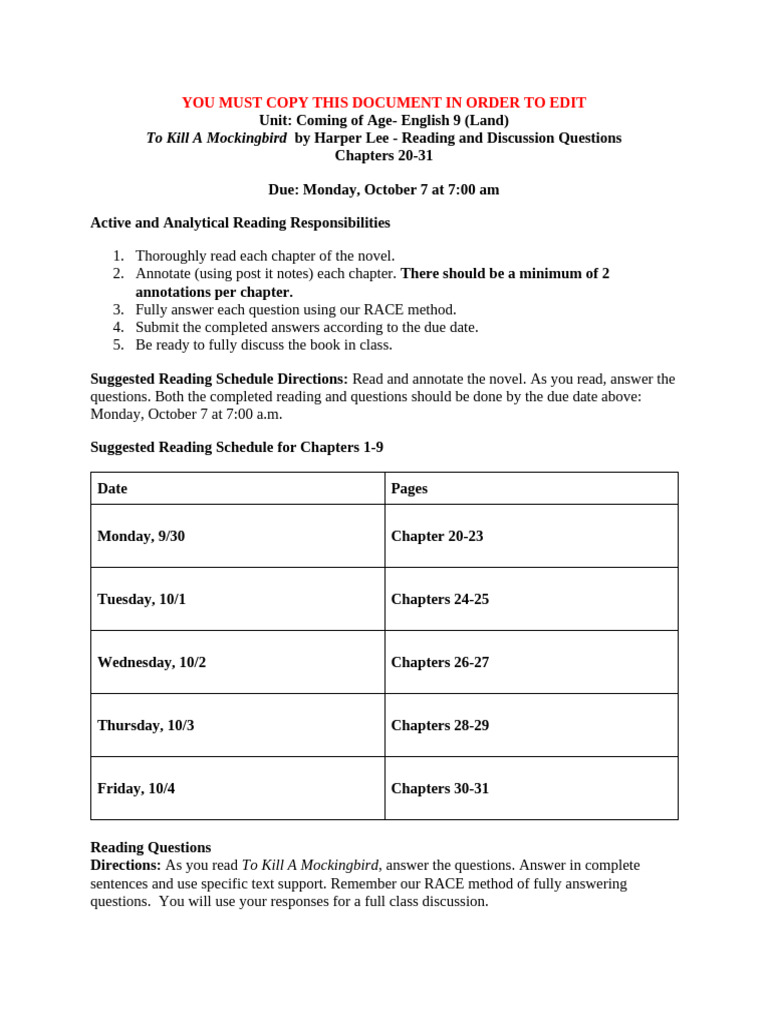 To Kill A Mockingbird: Chapters 20-31 Guide | PDF | To Kill A Mockingbird