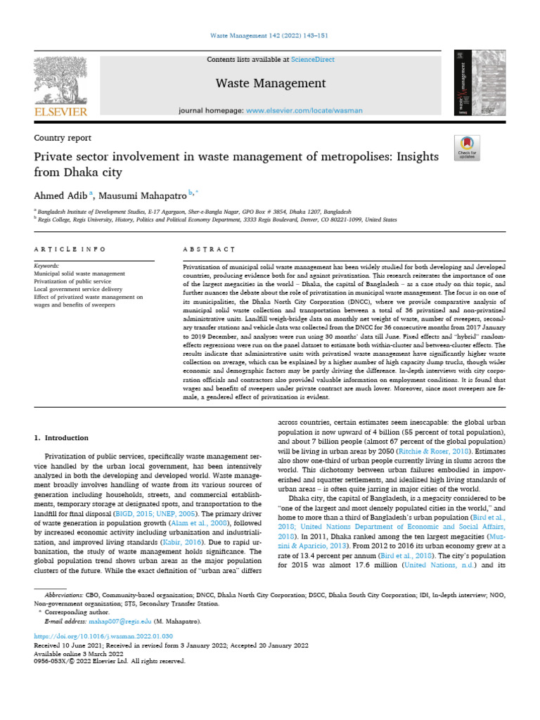 Dhaka's Privatized Waste Management Analysis | PDF | Regression ...