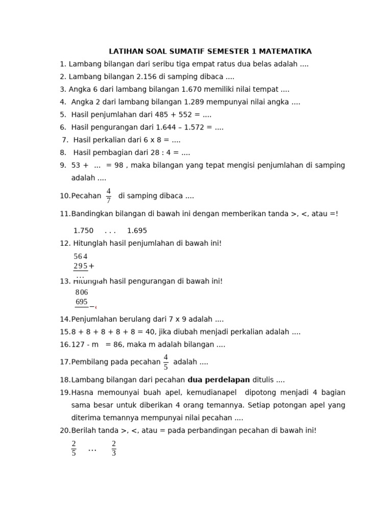 Latihan Asas MTK Kelas 1 SMS 1 2425 | PDF