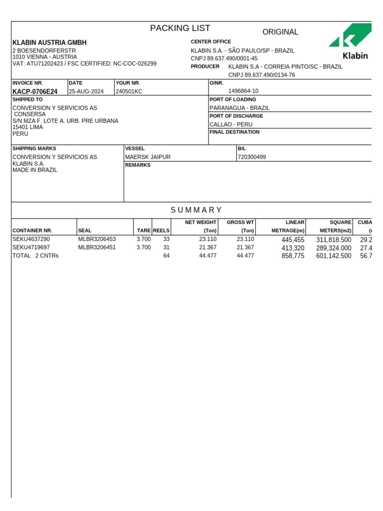 Klabin Austria Packing List | PDF | Paper | Resource Extraction